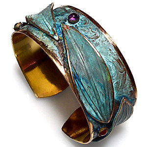 Elaine Coyne Wearable Art Verdigris Patina Brass Contemporary Leaves Cuff Bracelet - Amethyst, Carnelian, Garnet