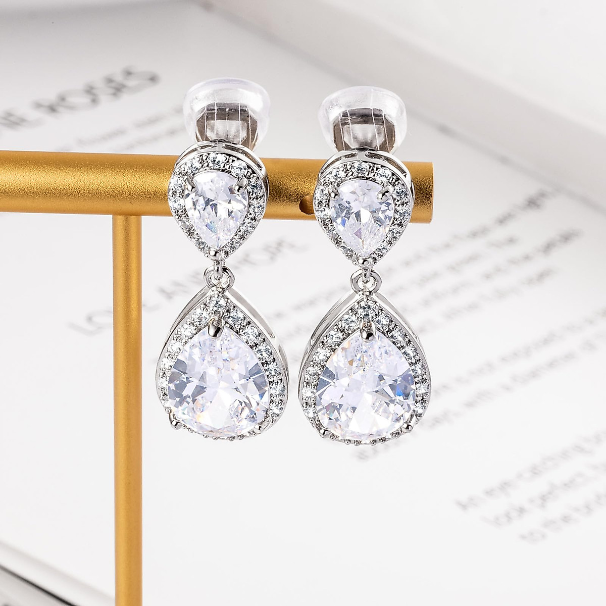 Wedding Zircon Teardrop Clip On Earrings For Brides Women No Piercing Sparkly CZ Silver Dangle Earrings