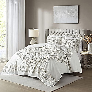 Madison Park Violette Lightweight 100% Cotton Quilt Set, Breathable Chenille Tufted, Shabby Chic Boho Medallion Design, Sham, Ivory/Taupe, Coverlet King/California King (104 in x 92 in) 3 Piece