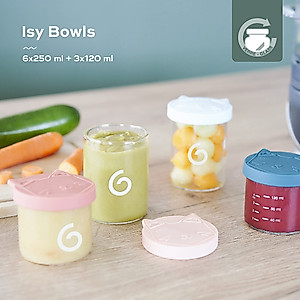 Babymoov ISY Baby Glass Food Jars, Set of 9 (6 x 8.5oz + 3 x 4oz) BPA-Free Borosilicate Storage Containers, Leakproof Silicone Lids, Microwave, Freezer & Dishwasher Safe, Baby Registry Essential