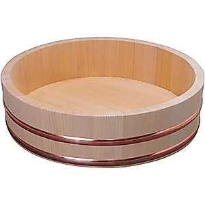 TIKUSAN Wooden Hangiri Sushi Rice Mixing Tub Copper Band Made in Japan Made of Sawara Cypress Sushi Rice Bowl Sushi Oke (10.6" (27cm))