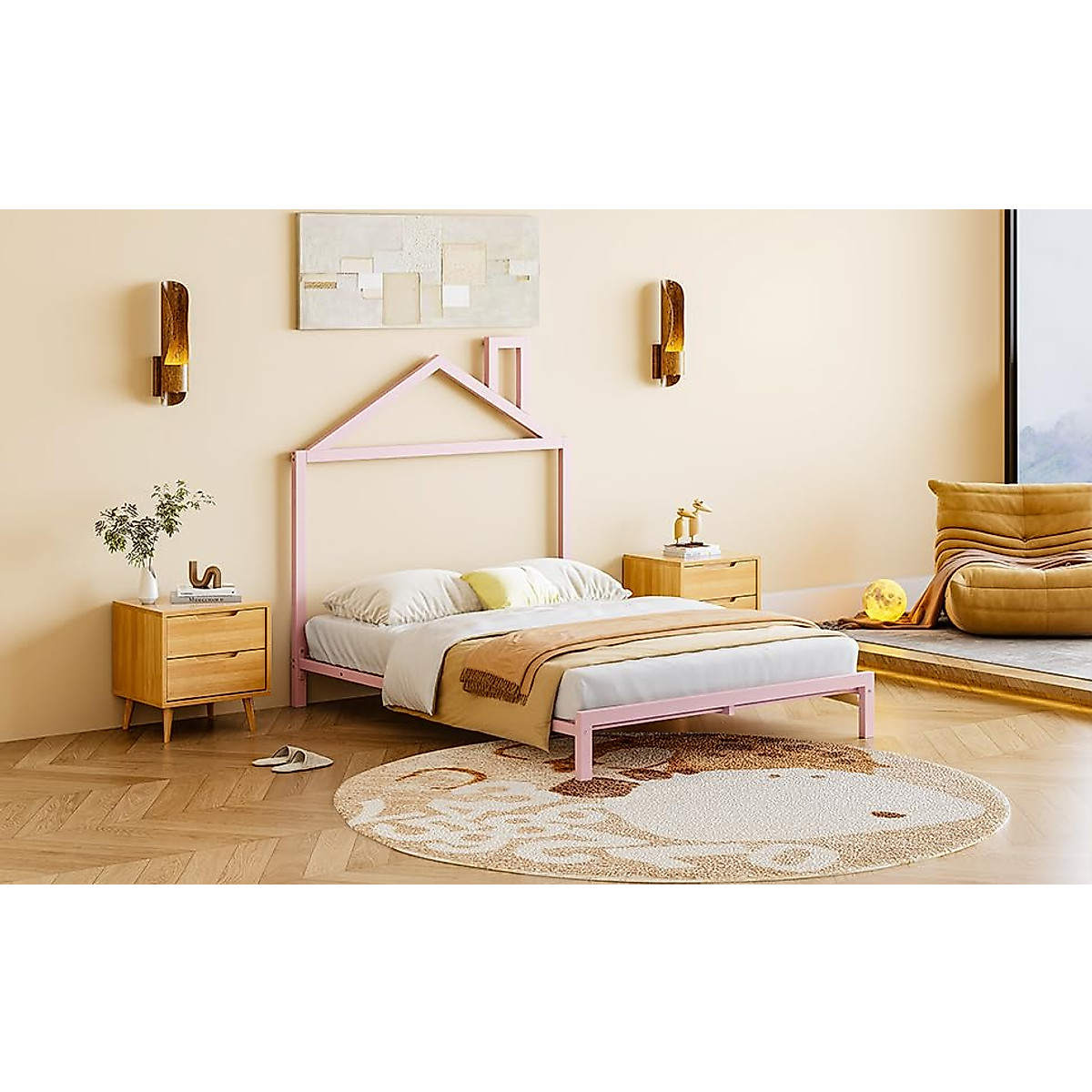 Bellemave Metal Full Bed for Kids, Girls Bed with House Shaped Headboard and Chiminey, Low Bed Frame with and Slats,Pink Bed Frame Full Size,No Box Spring Needed, Easy Assembly