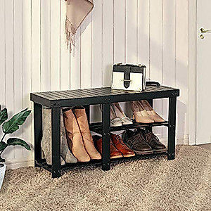 SONGMICS Bamboo Shoe Bench, Shoe Rack for Boots, Entryway Storage Organizer, 3-Tier Shoe Shelf, for Hallway, Bathroom, Living Room, Corridor, Black ULBS06BK