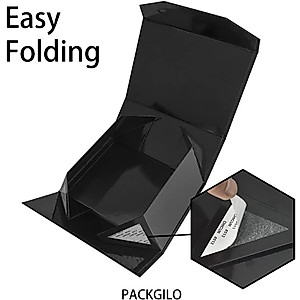 PACKGILO 1PCS Black Gift Box with Ribbon 9.5x7x4 Inches，Sturdy Gift Box with Lid for Gift Packaging, Foldable Magnetic Closure Storage Boxes, Bridesmaid proposal box, Rectangle Collapsible Box
