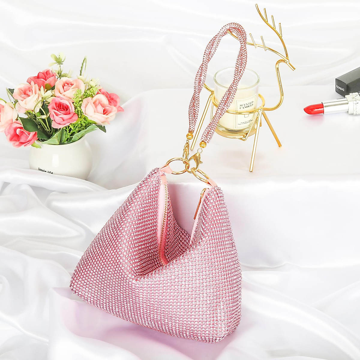 Afashor Fashion Womens Evening Bag Glitter Rhinestone Purse Shiny Clutch Handbag for Party Wedding Pink