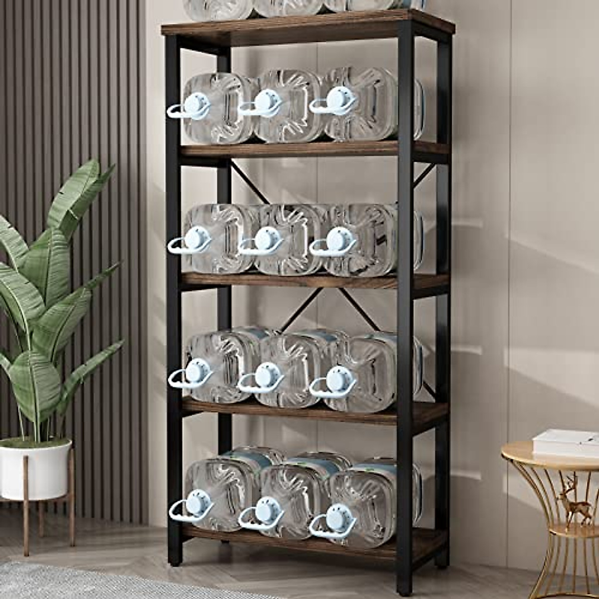 5 Tier Industrial Solid Wood Bookshelf, Open Etagere Bookcase with Metal Frame, Vintage Industrial Style Bookcase/Metal and Wood Bookshelf Furniture (AY01-5tier)