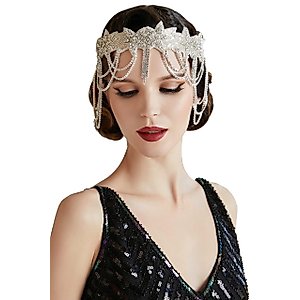 BABEYOND 1920s Flapper Headpiece Roaring 20s Headband Great Gatsby Headband Chain for Women Vintage Hair Accessory (White)