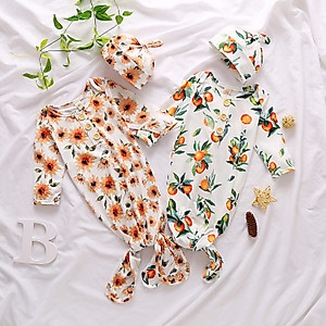 Moru Infant Baby Girls Cotton Sleeper Gowns Organic Cotton Floral Kimono Knotted Gown (Orange, 0-6 Months)