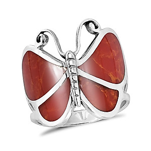 Awesome Reconstructed Red Coral Butterfly .925 Sterling Silver Ring (8)