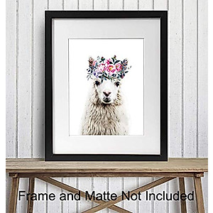 Baby Llama Wall Decor - Flower Crown Alpaca Wall Art Decoration for Girls Bedroom, Kids Room, Nursery - Cute Gift - Boho Shabby Chic Picture - 8x10 UNFRAMED Photo Poster