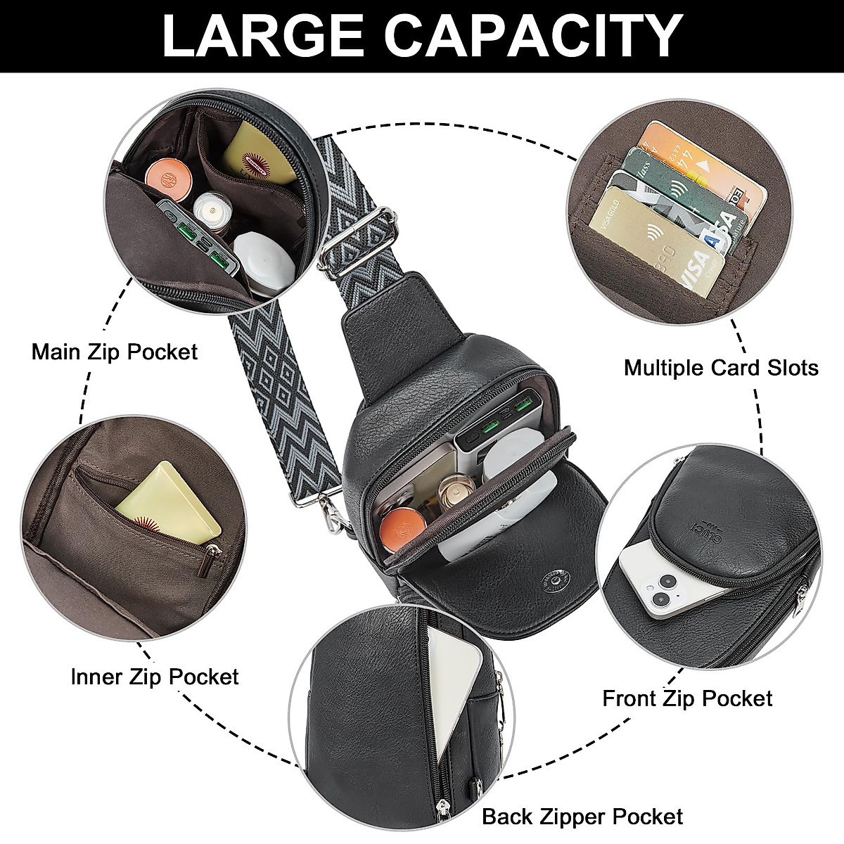 CLUCI Sling Bag for Women, Crossbody Bags for Women, Cross Body Bag for Woman, Small Leather Crossbody Bags for Women Travel Sling Backpack Black