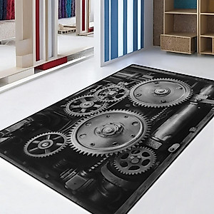 PeeNoke Black and White Industrial Machines Paintings Artwork Gears Metal Area Rug Outdoor Patio Rug Play Mat Modern Floor Carpet Non-Slip Home Decor Living Room Kids Bedroom Nursery, 3x5 ft