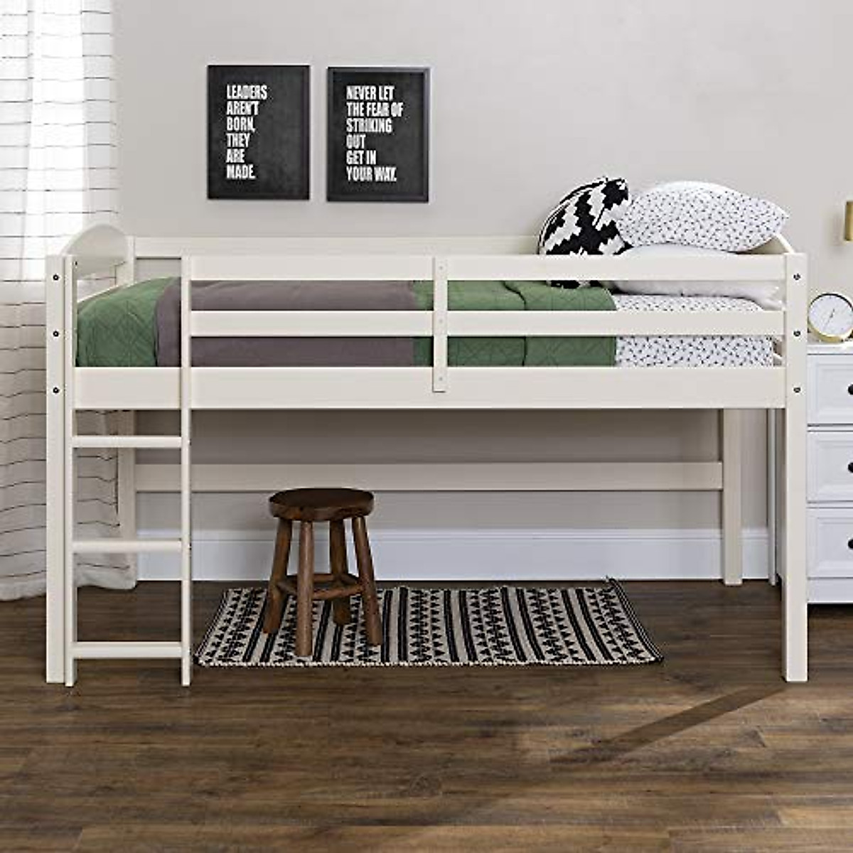 Walker Edison Della Classic Solid Wood Twin over Wood Loft Bunk Bed, Twin Size, White