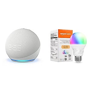 Echo Dot (5th Gen) with Clock| Glacier White with Amazon Basics Smart Color Bulb