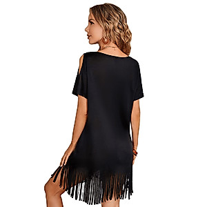 Verdusa Women's Cold Shoulder V Neck Short Sleeve Fringe Hem Short Tunic Dress Solid Black S