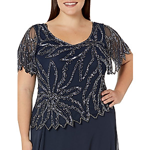 J Kara Women's Plus Size Beaded Short Sleeve Long Gown, Navy/Mercury, 18W