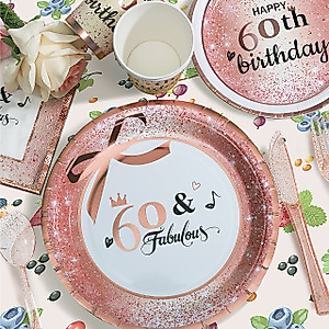 HOMIX 60 and Fabulous Party Plates Napkins Cups Sets Rose Gold with Plastic Cutlery Sets Serves 24 for Women 60th Birthday Party Supplies and Decorations