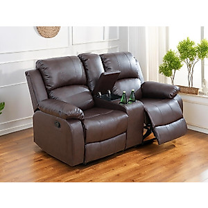 Dekmxas 2 Seater Recliner Loveseat, Bonded Leather Couch Living Room Furniture, Manual Reclining Loveseat Couch with Cup Holders and Storage Console for Home/Rv Car(Bonded Leather Brown, Loveseat)