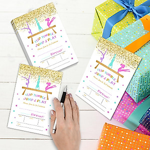YUEXLL Gymnastics Birthday Party Invitations Cards with Envelopes, Gymnastics Party Invitations, Jump Birthday Celebration Supplies, Double-sided Fill-in bday Invites for Boys Girls- A21