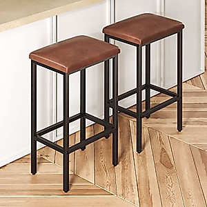 MAHANCRIS Bar Stools Set of 2, PU Upholstered Bar Stools, 26.8-Inches Kitchen Bar Stools with Footrest, for Kitchen, Living Room, Bar, Adjustable Feet, Easy Assembly, Brown and Black BAHZ01R01
