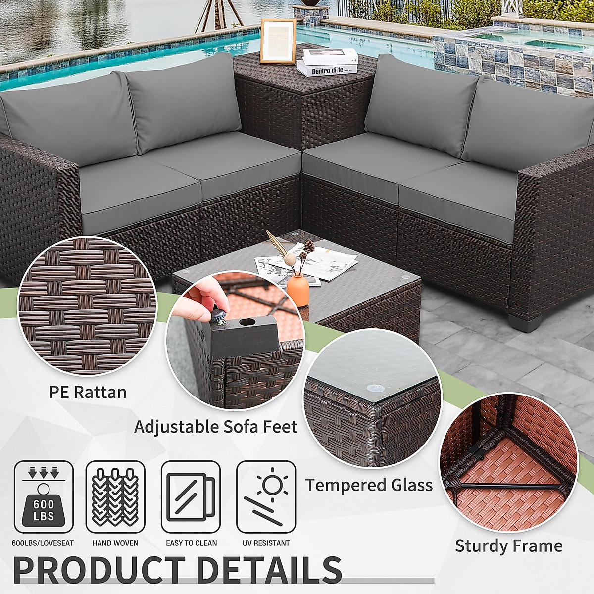 Outdoor PE Wicker Patio Furniture Set 4 Piece Dark Brown Rattan Sectional Loveseat Couch Set Conversation Sofa with Storage Box Glass Top Table and Non-Slip Grey Cushion