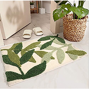 ZGXL Green Leaves Bath Mats Bathroom Rugs Non-Slip Soft Microfiber Absorbent Machine Washable Entrance Doormat for Bathroom Floor Tub Shower 17.5 X 25.5 Inches