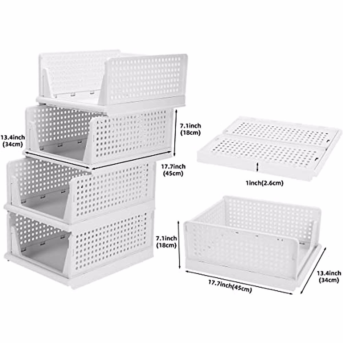 4-Pack Foldable Wardrobe Storage Box,Stackable Clothes Drawer Organizer,Closet Container Bin,Plastic Closet Organizer Basket,Collapsible Large Capacity Shelves Storage Bin for Office, Kitchen, Bedroom(White)