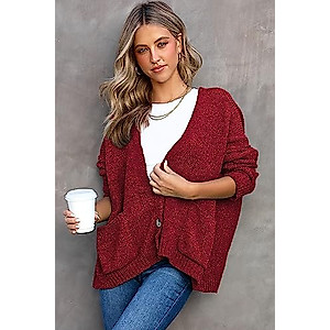 Sidefeel Fall Sweaters for Women 2023 Long Sleeve V Neck Button Bown Open Front Casual Oversized Chunky Knit Pullover Sweaters Medium Burgundy