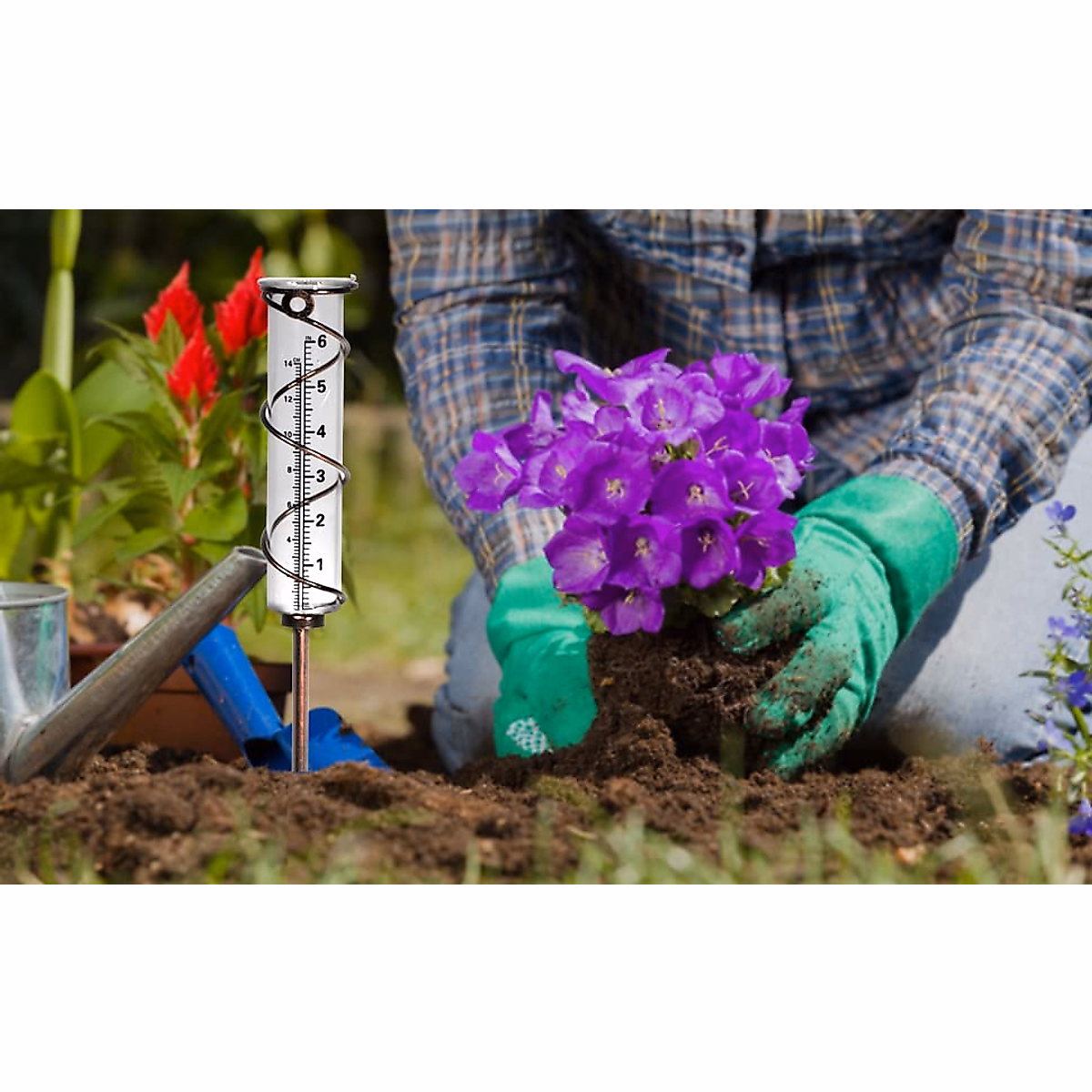 BIUWING Rain Gauge with Detachable Spiral Shap, Garden Rain Water Meter Measuring with Metal Frame, No Assembly Rain Measure Gauge for Yard Lawn Landscape (A)