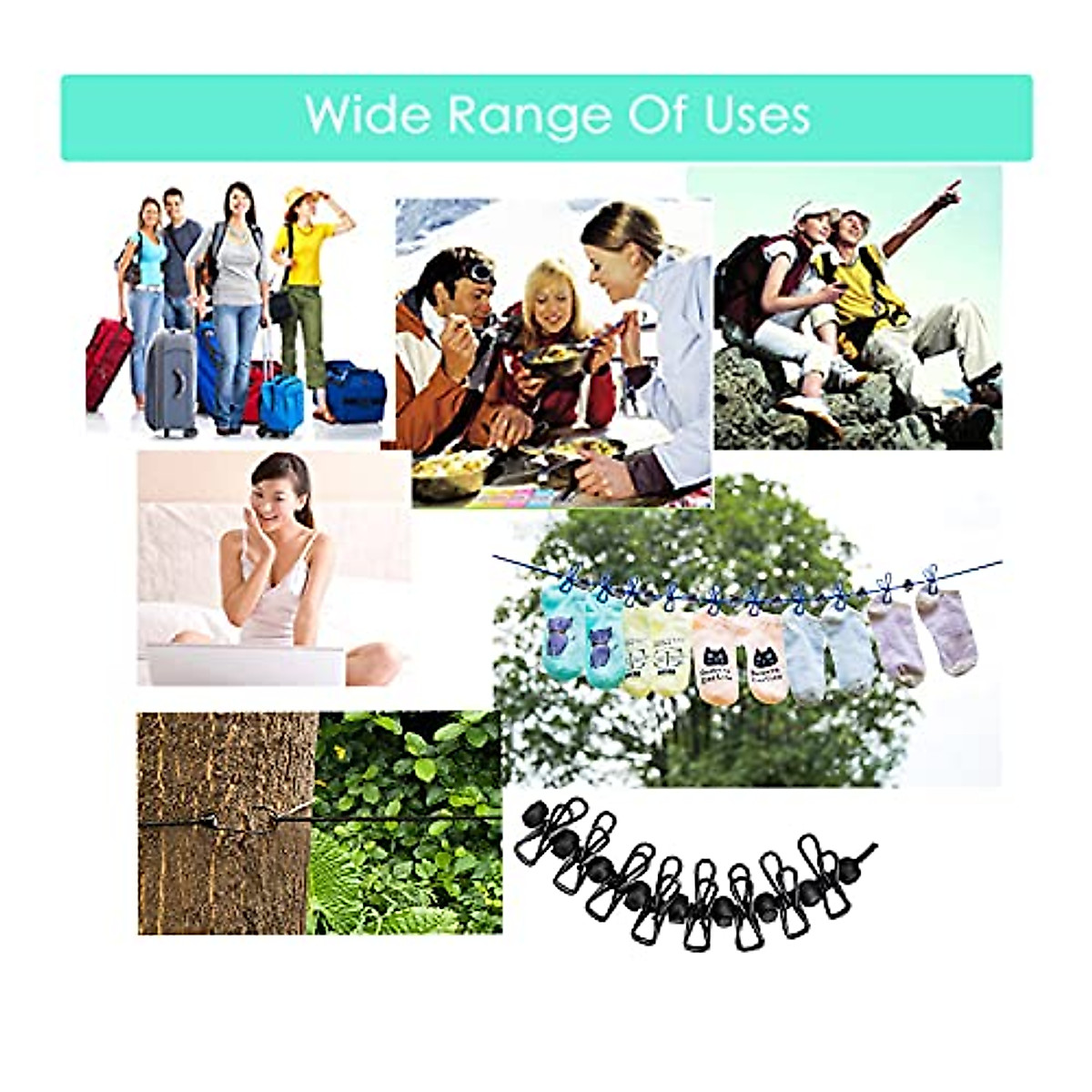 SFOCFWH Portable Elastic Clothesline, Outdoor Retractable Clothesline, with 12 Clothespins and 13 Spring Buckles, Suitable for Home, Travel, and Camping Accessories (Black)