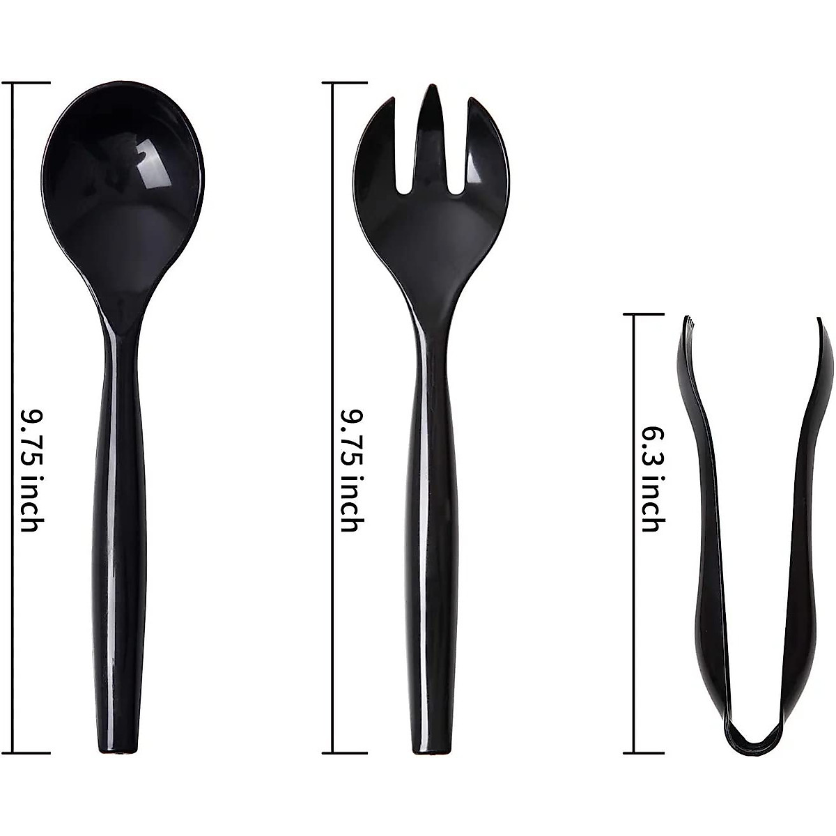 VeZee's Plastic Serving Utensils, Black Heavy Duty Disposable utensil | Set 10" Spoons 10" Forks 6" Tongs | 6 Each in One Set| 18 Pcs