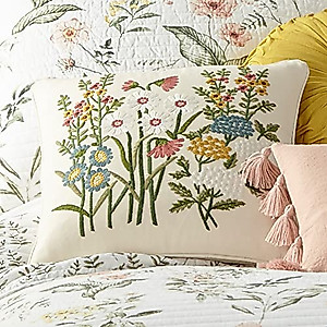 Levtex Home - Viviana - Decorative Pillow (18X18in.) - Embroidered Flowers - Coral, Green, Blue, Gold and Cream