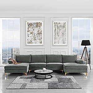 Casa Andrea Milano Modern Large Velvet Fabric U-Shape Sectional Sofa, Double Extra Wide Chaise Lounge Couch with Gold Legs, Dark Grey