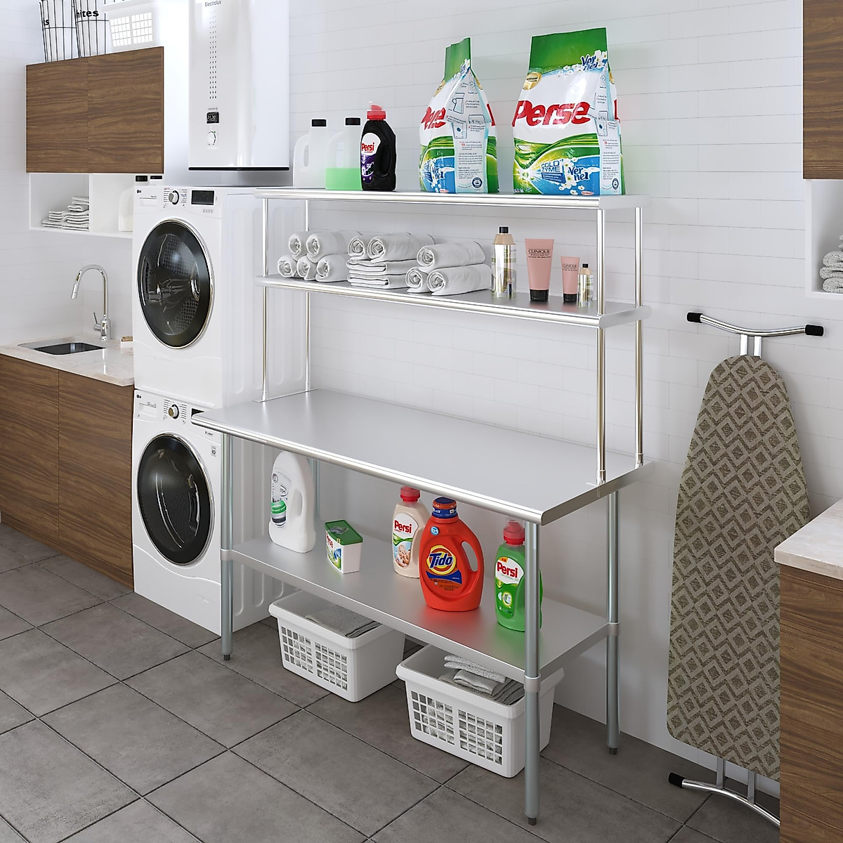 Stainless Work Table with Wide Double Tier Overshelf | Metal Kitchen Prep Table & Shelving Combo