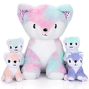 Pegmapri Rainbow Fox Stuffed Animals, Mommy Fox Plush with 4pcs Cute Baby Fox Plushie Set for Boys Girls