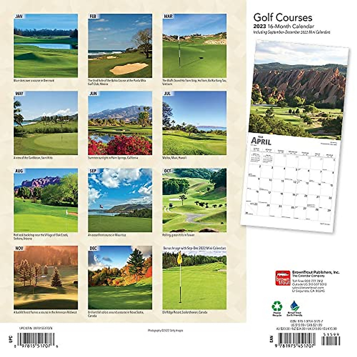 Golf Courses | 2023 12 x 24 Inch Monthly Square Wall Calendar | BrownTrout | Golfing Sport