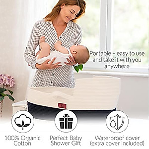 Kolobok Luxury Handmade Moses Basket - 100% Organic Cotton Baby Changing Basket with Ultra Thick and Removable Mattress Pad - Woven Baby Moses Baskets for Dresser Changing Table Topper for Babies