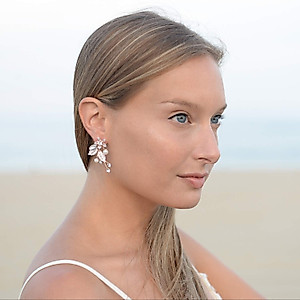 Mariell Bridal and Wedding Rose Gold Handmade Dangle Earrings with Clear Crystal Gems and Ivory Pearls