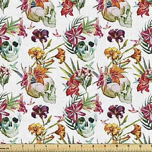 Ambesonne Skull Fabric by The Yard, Lilies Tropical Flower Blooms Leaves on Skull with Watercolor Painting Effect, Decorative Fabric for Upholstery and Home Accents, 1 Yard, Green Orange