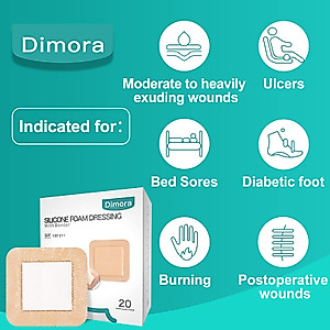 Dimora Silicone Foam Dressing with Border 20 Pack Adhesive 4"x4" Waterproof Wound Dressing Bandage for Wound Care