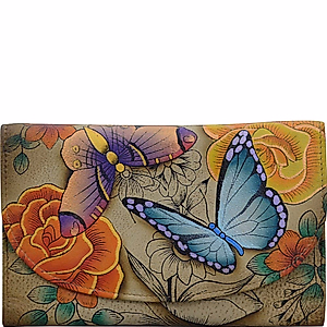 Anna by Anuschka Women's Geniune Leather Hand Painted Large Three Fold Checkbook Clutch Wallet - Floral Paradise Tan