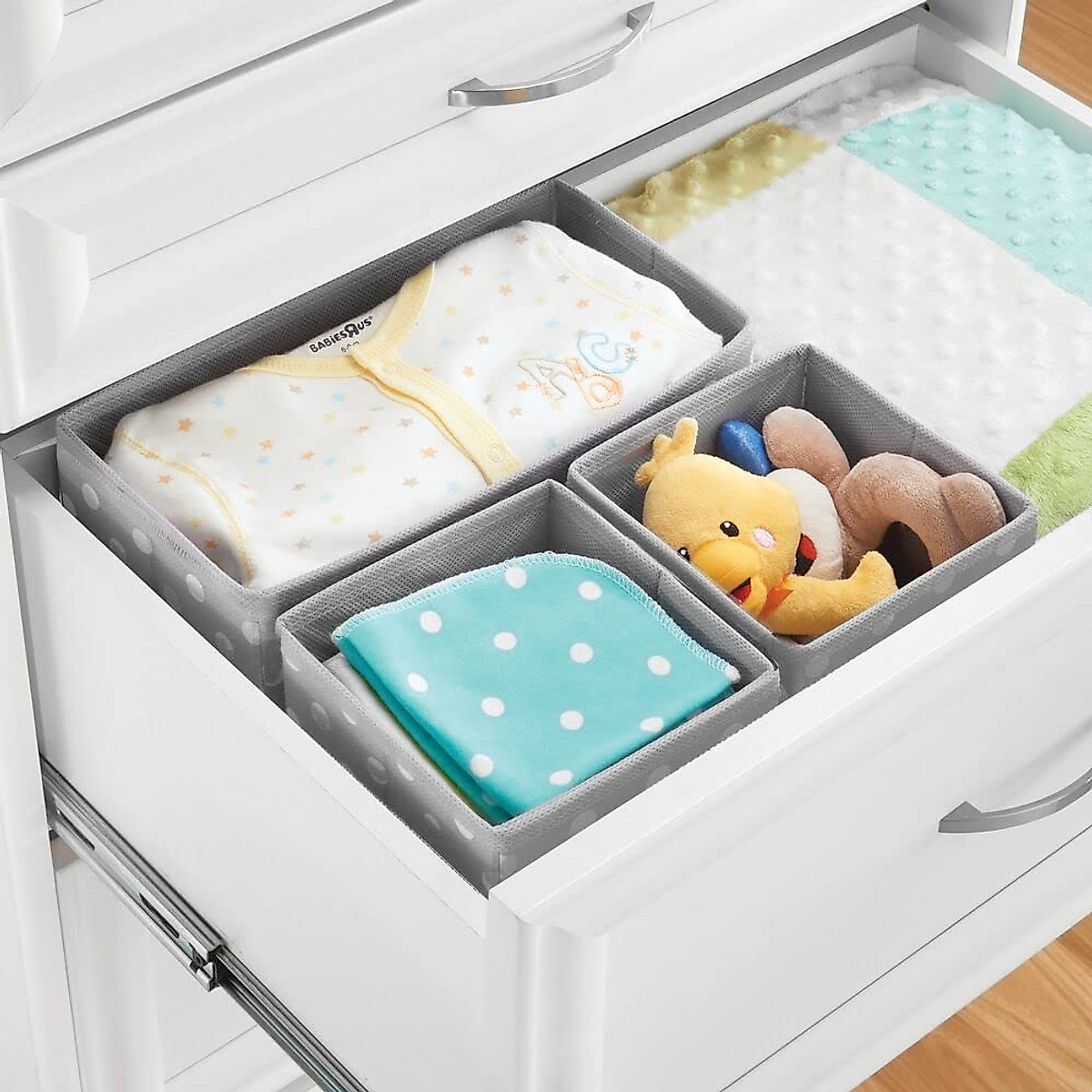mDesign Fabric 3-Piece Divider Drawer Organizer Bin, Nursery Dresser, Closet, Changing Table Organization, Hold Clothes, Toys, Diaper, Bib, Blanket, Lido Collection, 2 Pack, Gray/White Polka Dot