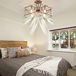 PUNSOKO Ceiling Fans with Lights, Brushed Nickel Fandelier Ceiling Fan with Light and Remote, 20'' Modern Bladeless Chandelier Fan Flush Mount for Kitchen, Bedroom, Living Room