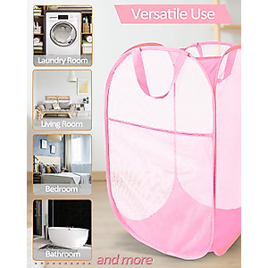 Durable Collapsible Laundry Baskets - Reinforced Mesh Pop Up Laundry Hamper with Side Pocket, Foldable Clothes Storage Hamper with Carry Handles for Laundry, Bathroom, Kids Room, Dorm or Travel Pink