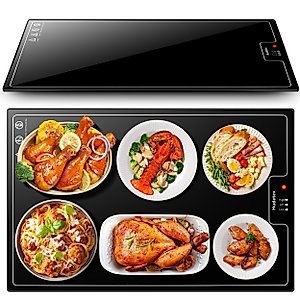 Electric Warming Tray（Large 22"x14"），Food Warmer with Thermostat and Full Surface Heating，Food Warming Mat with 2 Temperature Modes for Parties Buffet，Gatherings，Gold Edge Handles Warming Mat for Food