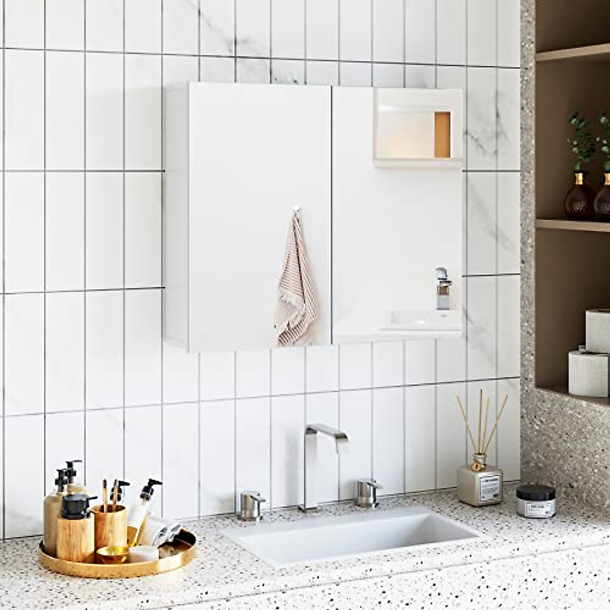 SOMY Bathroom Mirror Cabinet, Frameless Wall Mounted Medicine Cabinet with Double Mirror Doors and Adjustable Shelves, Recess or Surface Mount Bathroom Hanging Cabinet