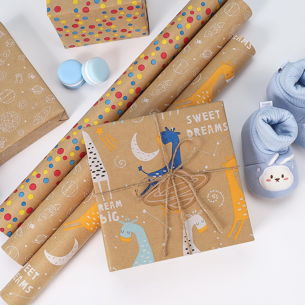 BIOBROWN Wrapping Paper Rolls with Tags and Jute String -Giraffe Designs for Birthday,Holiday, Baby Shower Packing -3 Rolls-17 inch X 10 feet Per Roll