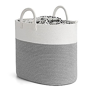 INDRESSME Tall Laundry Hamper with Handles, Cotton Rope Basket for Blankets Toys Yoga Mat, Dirty Clothes Basket Hampers for Bedroom or Laundry, 19.7 x 11.8 x 16.9 inches, Gray