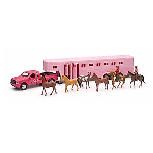 1:32 Scale Pink Pick Up Fifth Wheel Horse Trailer Set