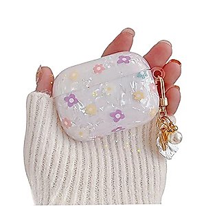 PHOEACC Cute Airpod Pro 2019 Case (NOT for Airpod 3rd 2021) Flower with Shell Pearl Keychain White Marble Soft TPU Protective Cover Compatible with AirPods Pro Case for Girls Teens Women (Floral)